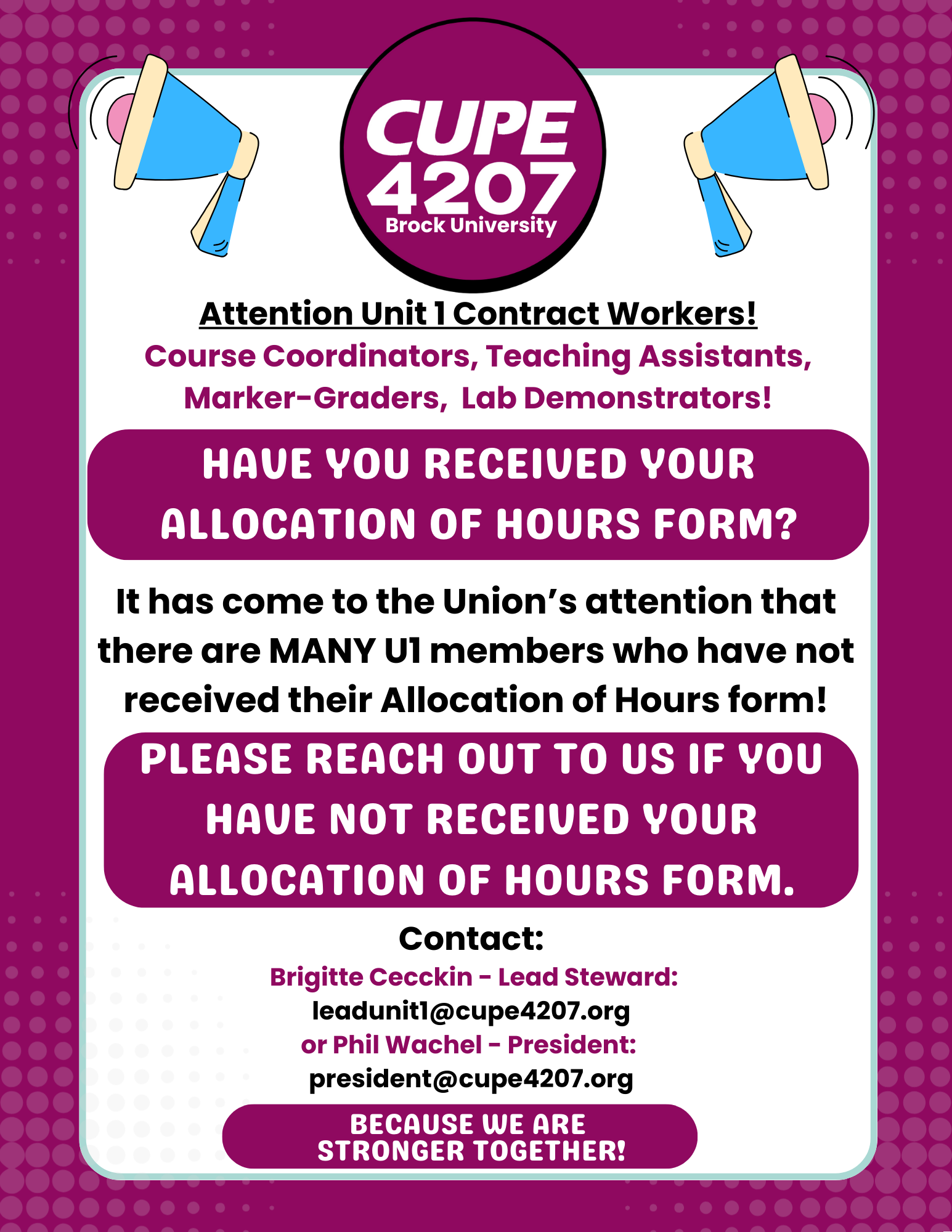 U1: Have you received your Allocation of Hours form? - CUPE 4207